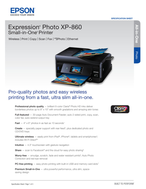 Epson Expression Premium XP-860 Wireless Small-in-One Inkjet Printer ...