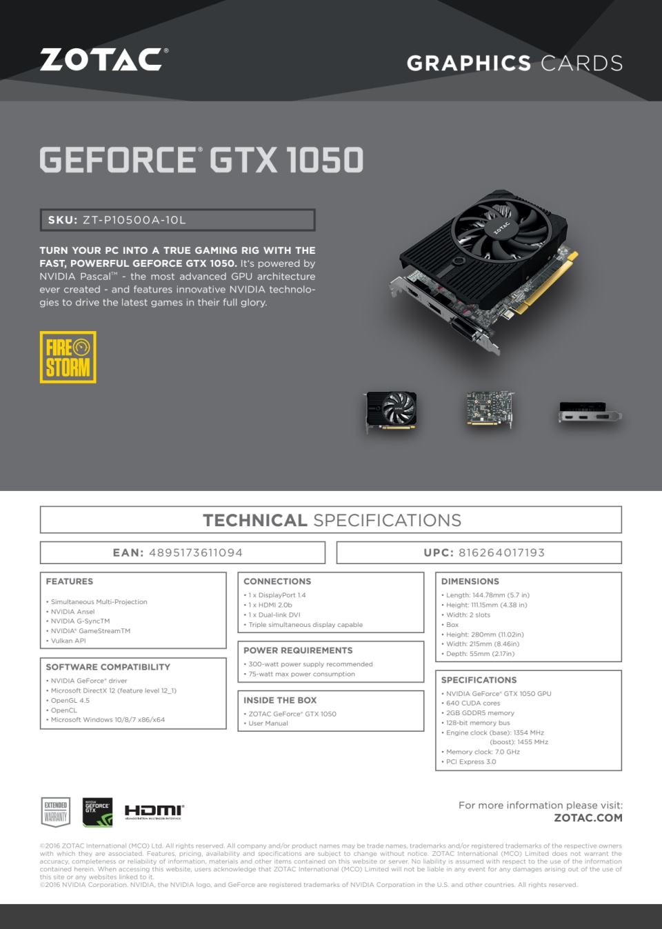 Zotac Geforce Gtx 1050 Mini Pcie3.0 2gb Gddr5 Dp1.4 Hdmi Dl-Dvi 1354mhz ...