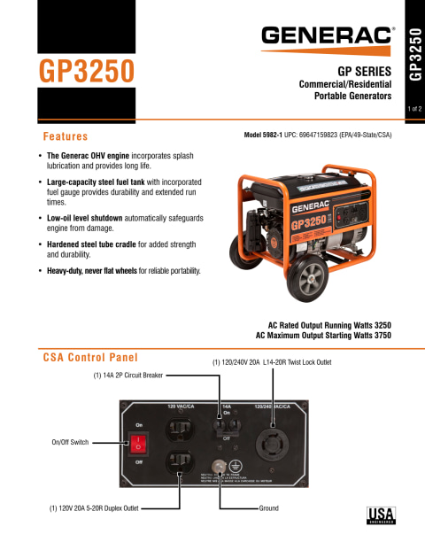 Generac 5982 - 3250-Watt Gasoline Powered Portable Generator, 49/CSA ...