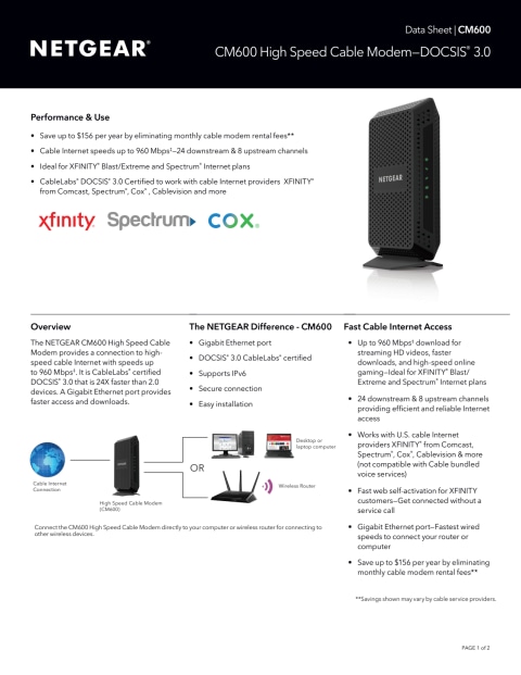 Netgear Nighthawk Router NETGEAR CM600 Cable Modem - DOCSIS 3.0 For ...