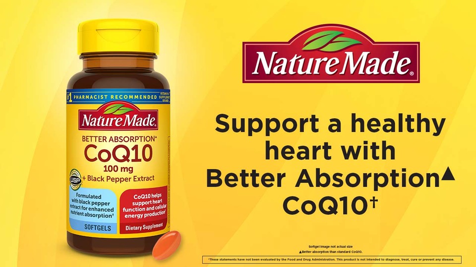 Nature Made CoQ10 100mg with Black Pepper Extract Softgels, Dietary ...