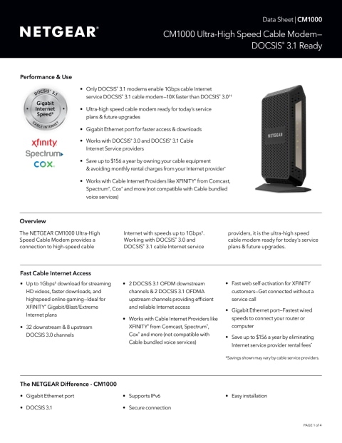 NETGEAR - CM1000 Ultra-High Speed DOCSIS 3.1 Cable Modem for XFINITY ...