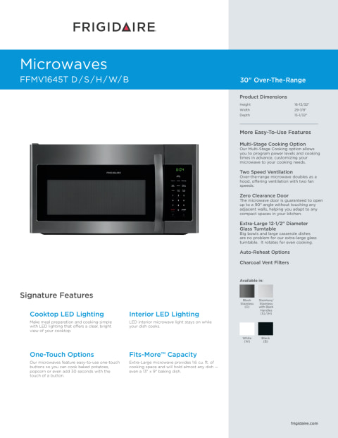 Frigidaire FFMV1645T 30" Wide 1.6 Cu. Ft. 1000 Watt Over-The-Range ...