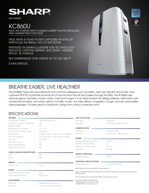 Sharp Triple Action Plasmacluster Air Purifier with Humidifying ...