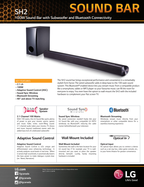 LG 2.1 Channel 100W Soundbar System with Wired Subwoofer - SH2 ...