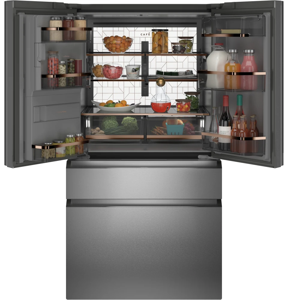 CVE28DM5NS5 Cafe 36 Modern Glass Collection French Door Refrigerator with TwinChill Evaporators and Wifi Platinum Glass