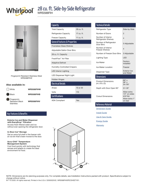 Whirlpool WRS588FIHZ 28 Cu. Ft. Stainless Steel Side-by-Side ...