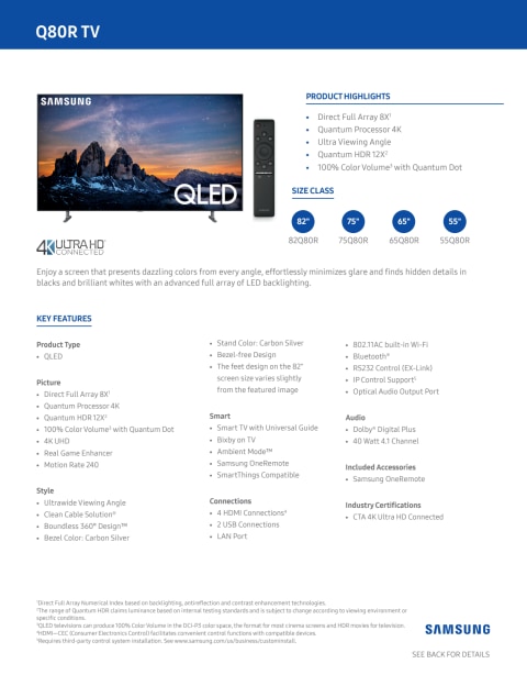 SAMSUNG 82" Class 4K Ultra HD (2160P) HDR Smart QLED TV QN82Q80R (2019 ...