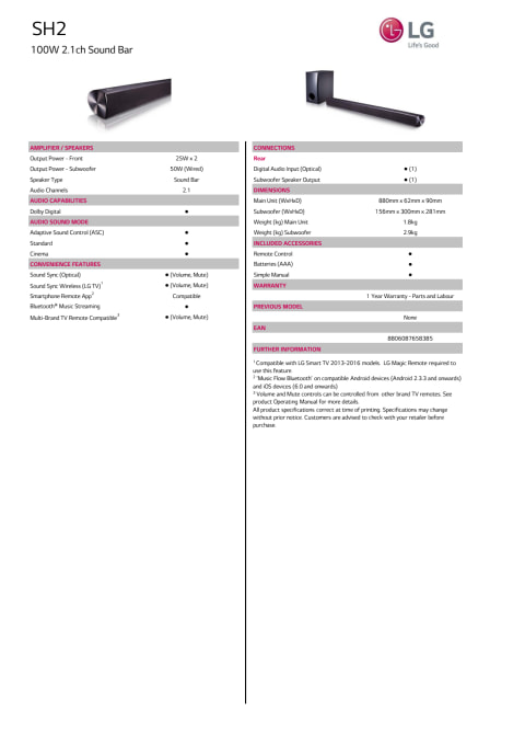 LG 2.1 Channel 100W Soundbar System with Wired Subwoofer - SH2 ...
