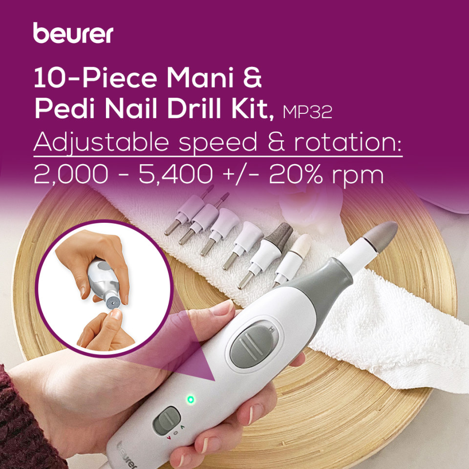 Beurer MP32 Electric Nail Drill Kit, 10-piece Manicure Pedicure Set, 3 ...