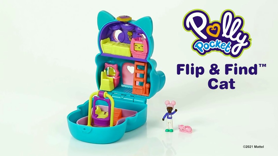 Polly Pocket Flip & Find Cat Compact, Travel Toy with Micro Polly Doll ...