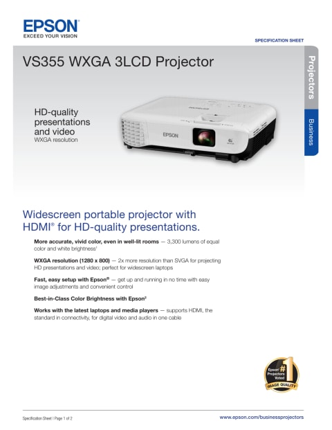 Epson VS355 WXGA 3,300 lumens color brightness (color light output ...