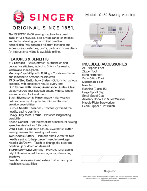 Singer C430 Professional Computerized Sewing Machine LCD Screen, 810 ...
