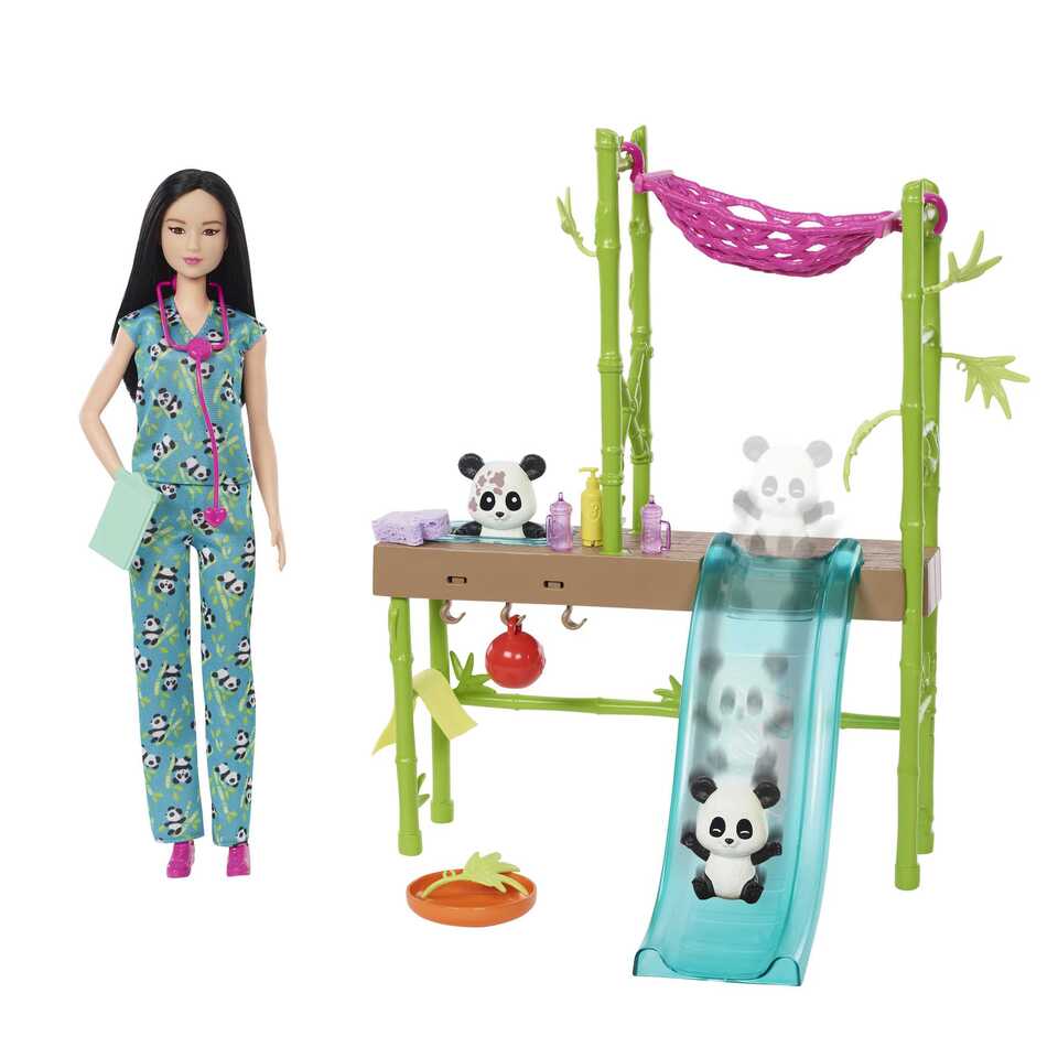 Barbie Panda Care and Rescue Playset with Doll, 2 Color-Change Pandas ...